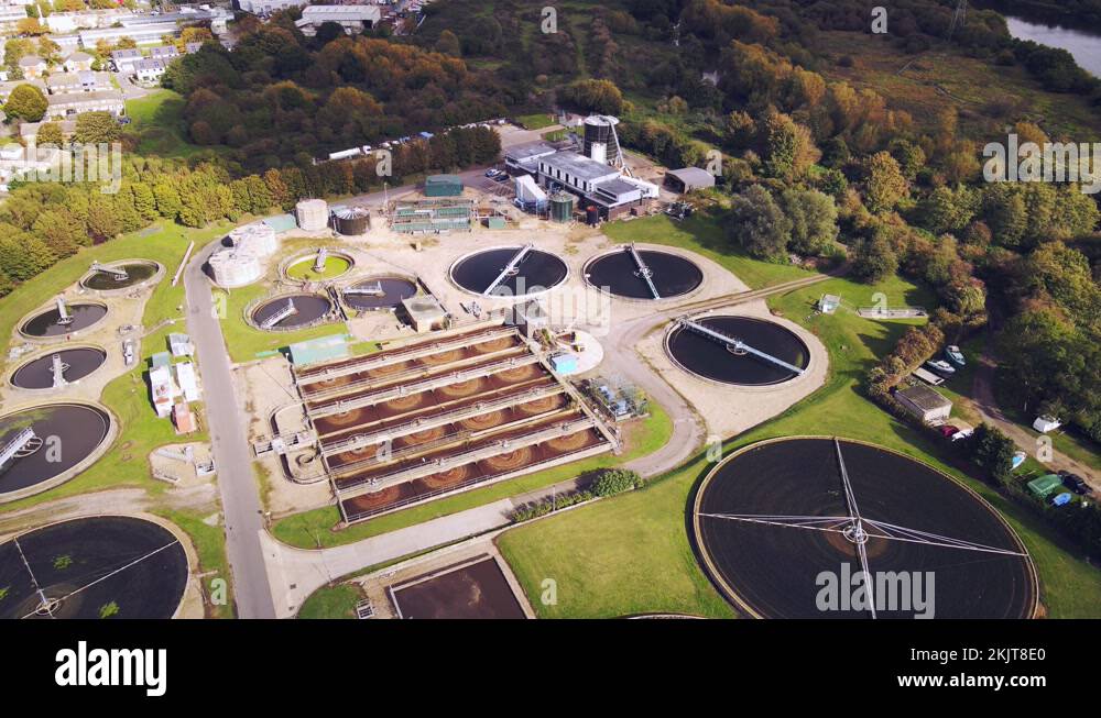 Wide aerial of water purification circle, clean drinking water ...