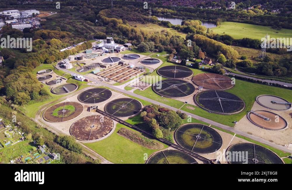 Wide aerial of water purification circle, clean drinking water ...