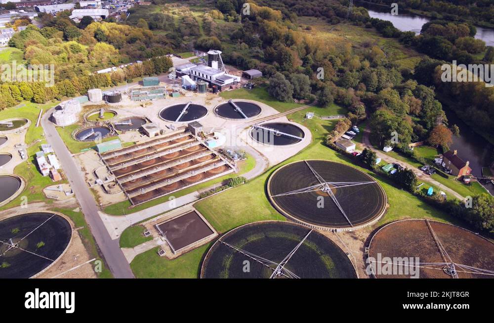 Wide aerial of water purification circle, clean drinking water ...