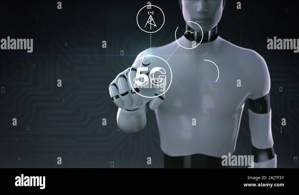 Robot touched 5G technology information icon. fifth generation mobile ...