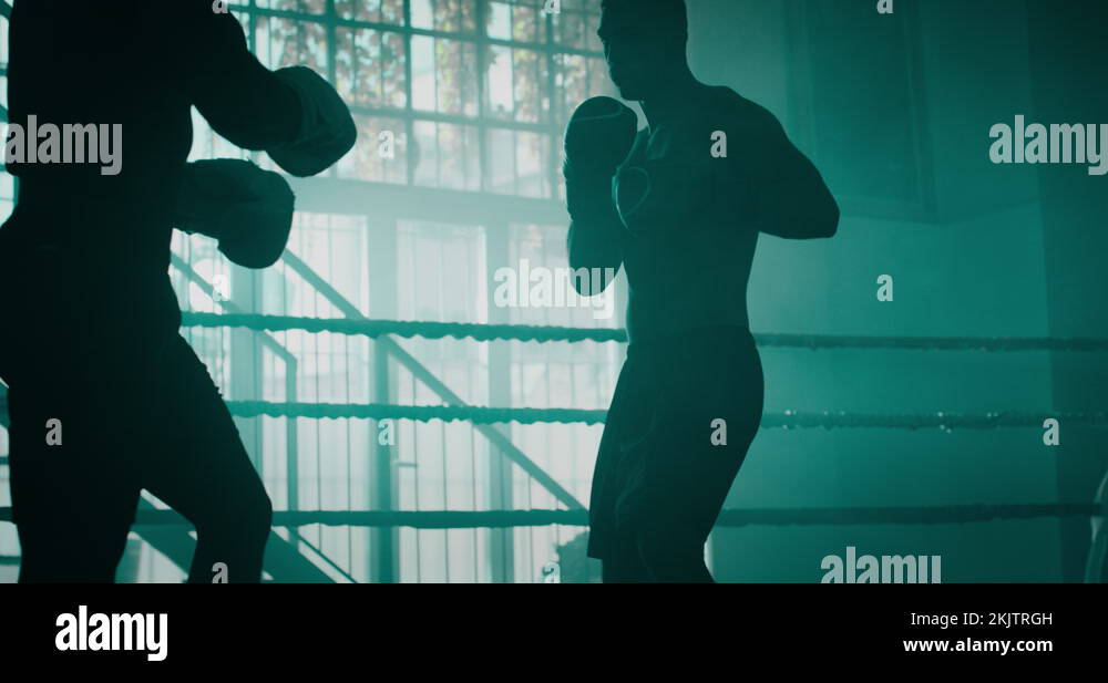 Young muscular shirtless male shadow boxers are fighting in boxing ring ...