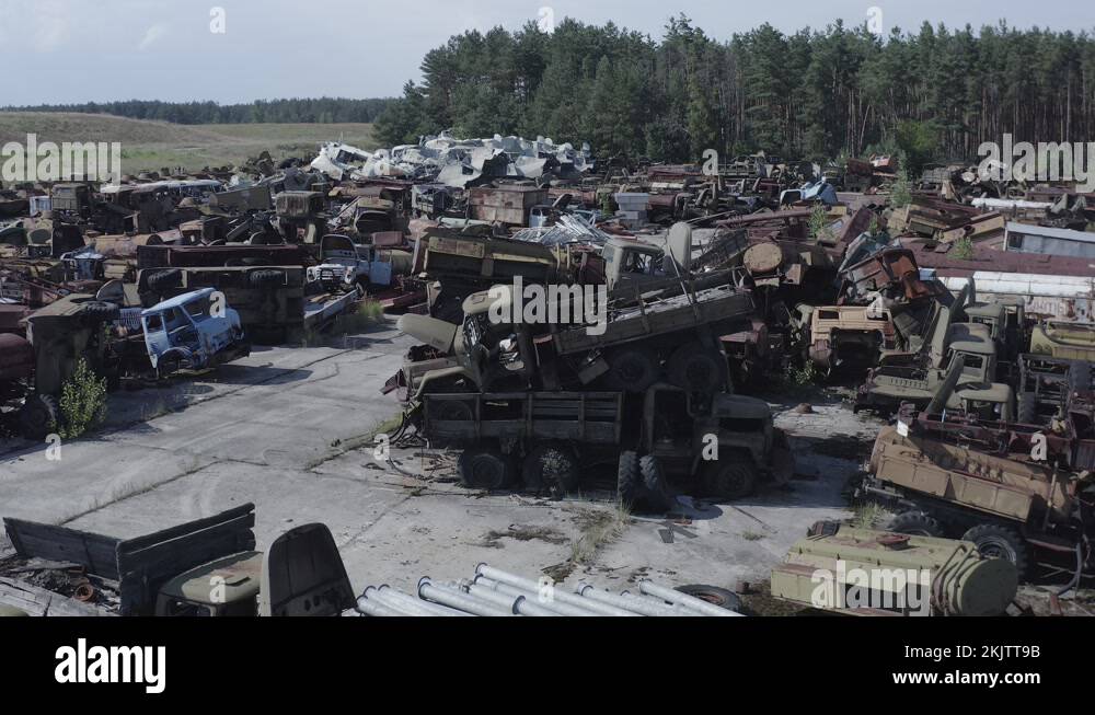 Chernobyl nuclear power plant. Car dump in exclusion zone. Buryakovka ...