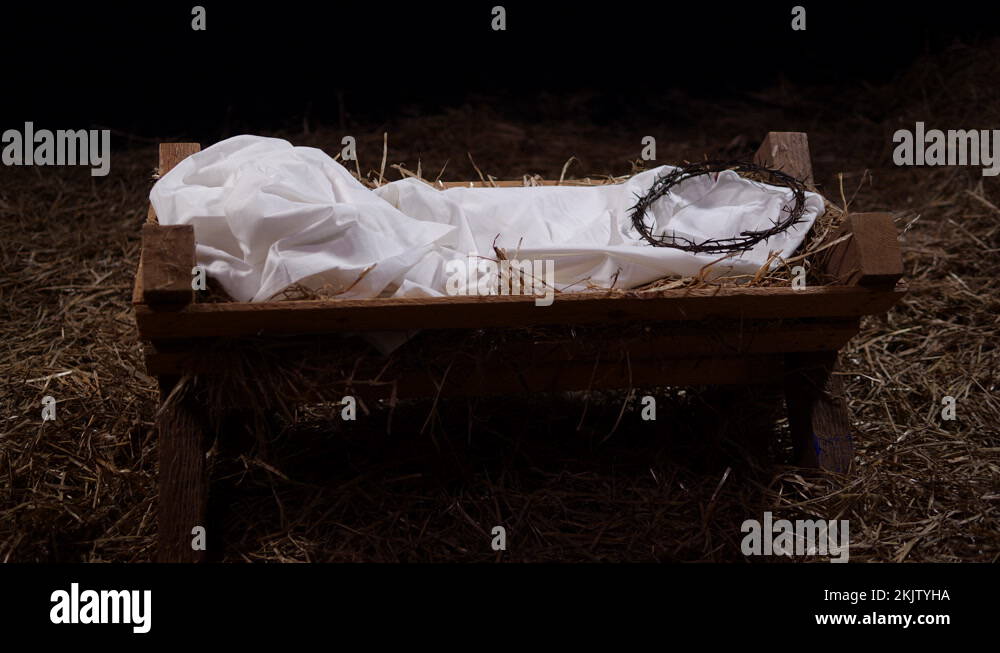 4K: Crown of Thorns laying in a Manger with straw. Christmas / Easter ...