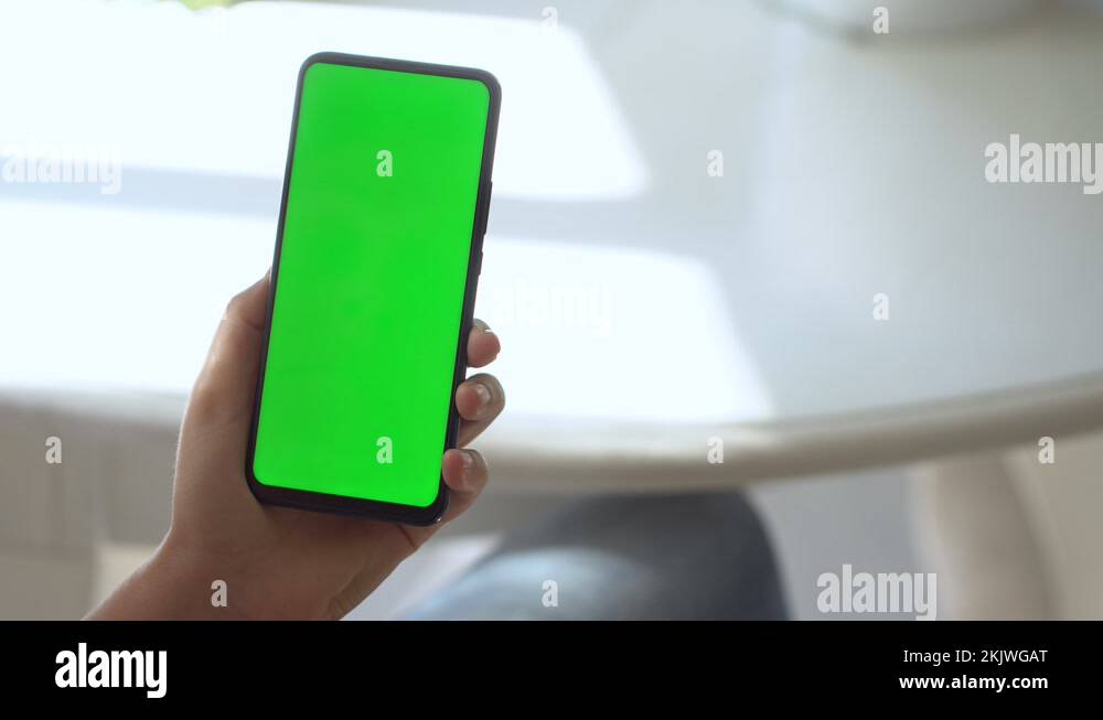 Handheld Camera: Back view of brunette holding chroma key green screen ...