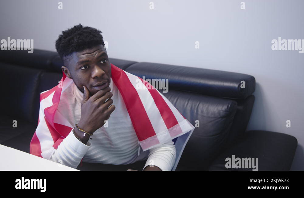Excited african american black man with USA flag watching game on tv ...