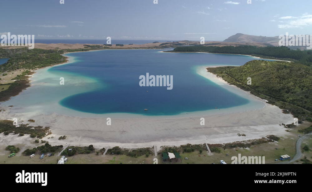 Aerial of the Kai Iki lakes, a fresh water lake system, New zealand ...
