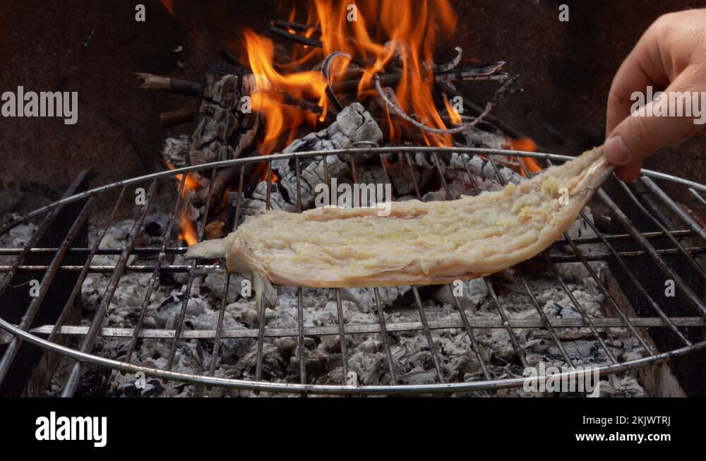 Mackerel fish fillet is placed on the grill grid over the flames of a ...