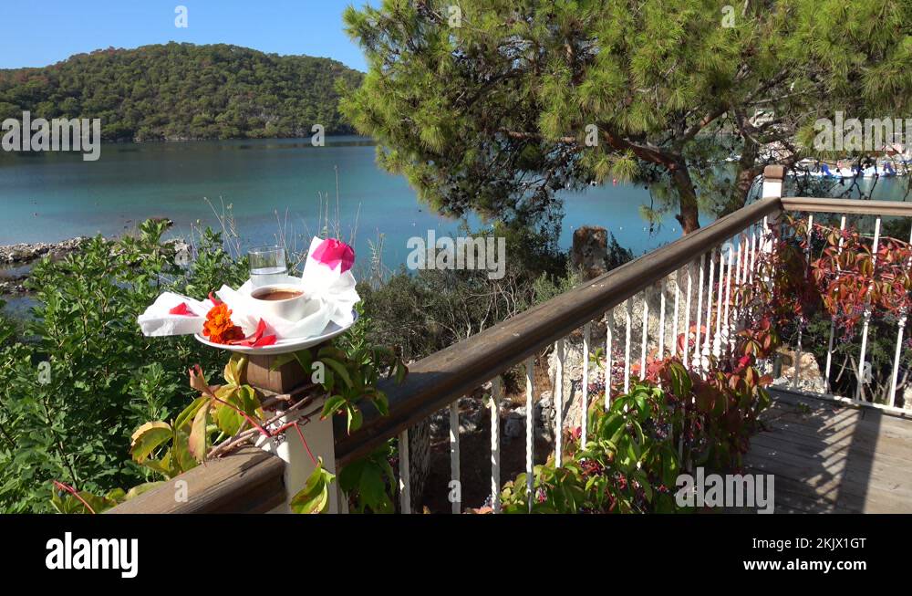Viewing beautiful Blue Lagoon scenery and a cup of Turkish coffee Stock ...