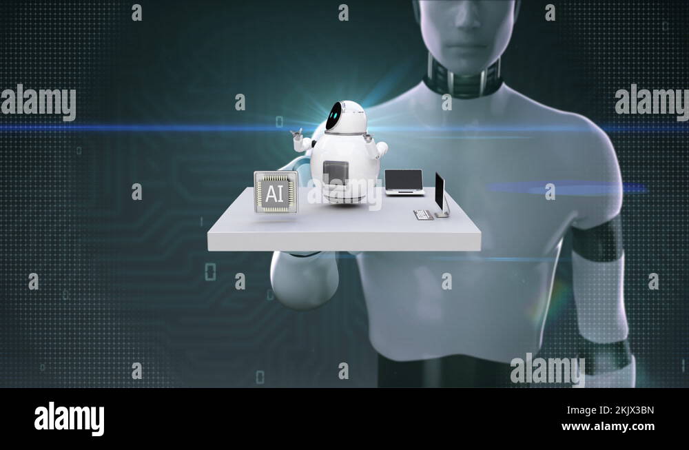 Robot touching Robots and CPU chips on a square, IoT AI Future, 4k ...