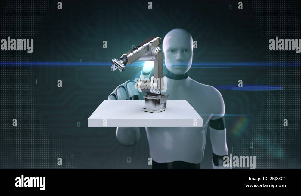 Robot touching robot arms on a white square floor, IoT, smart factory ...