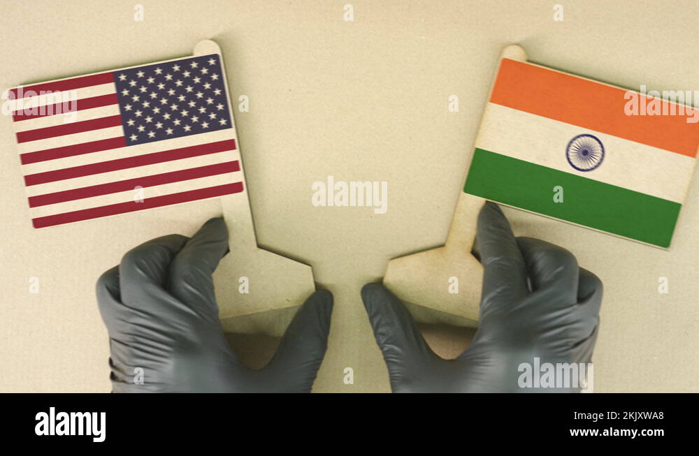 Flags of the USA and India made of cardboard on the desk Stock Video ...