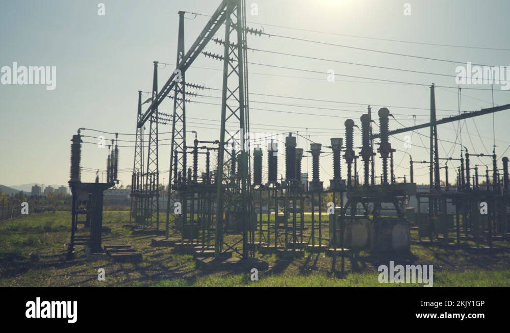 Wide angle, high voltage substation with tall pylons and voltage ...