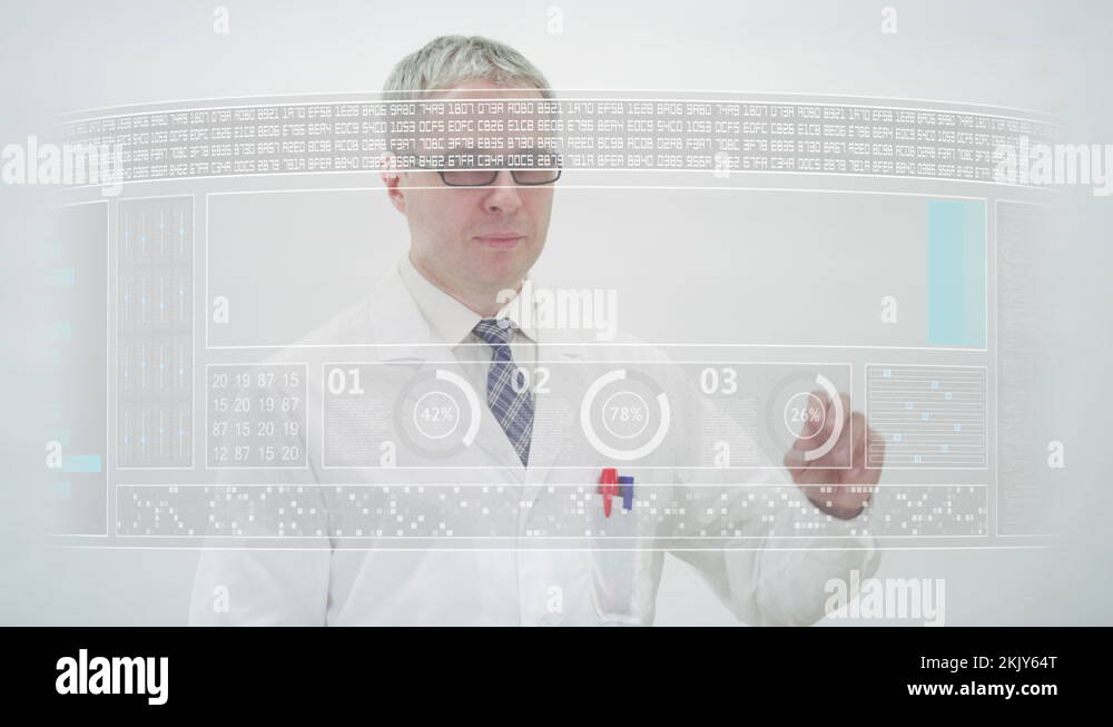 SPACE SCIENCE text on a modern touchscreen display and a male scientist ...
