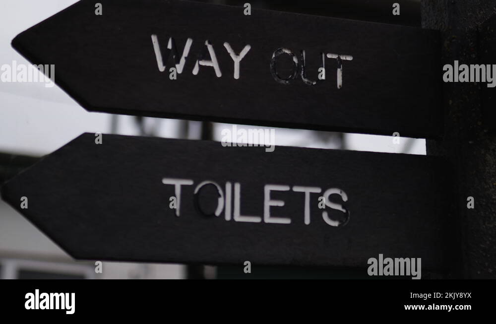 Wooden pole with indications pointing out where are the toilets and the ...