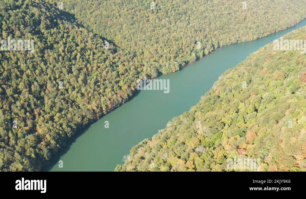 Flying down the narrow gorge of the Cheat River looking down towards ...