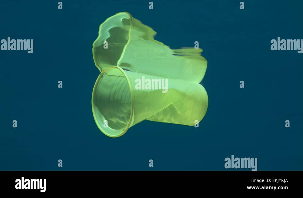 Plastic pollution, yellow plastic cup drifting underwater reflecting on ...