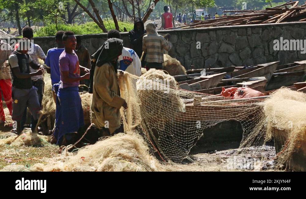 Hawassa fish market Fisherman folding fishing net Stock Video Footage ...