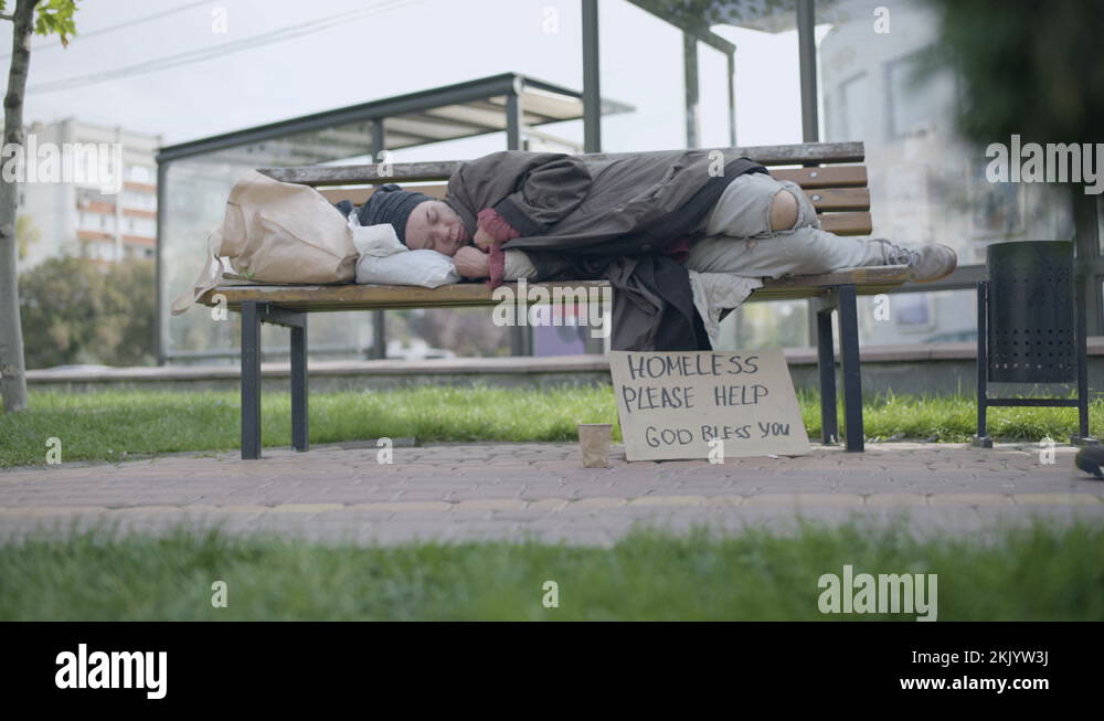 Strangers ignoring poor homeless woman, sleeping on the bench, social ...