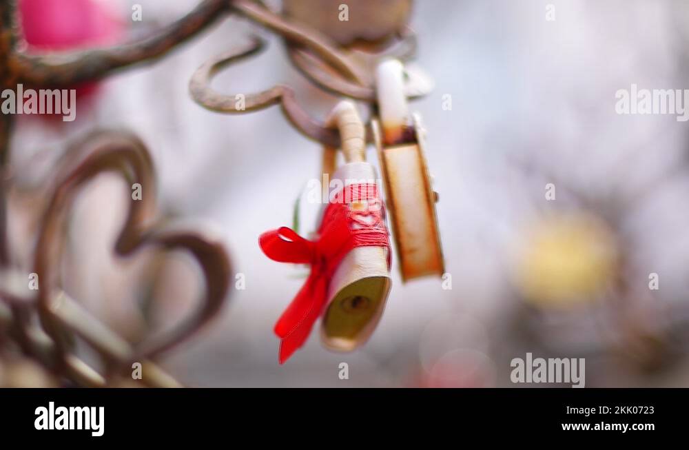 Close-up of metal locks with names of bride and groom. Wedding ...