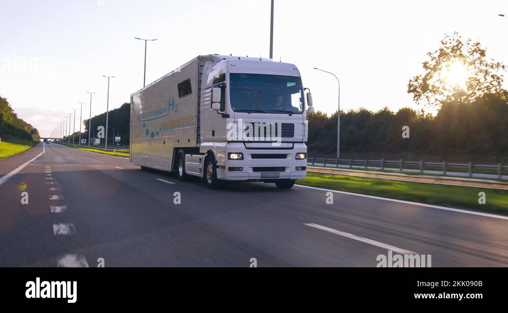 hydrogen fueled truck on the road drinving. h2 combustion Truck engine ...