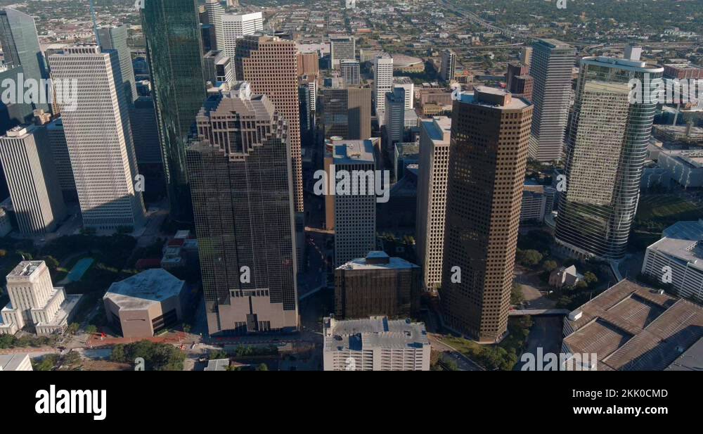 Drone view of skyscrapers in the Downtown Houston area. This video was ...