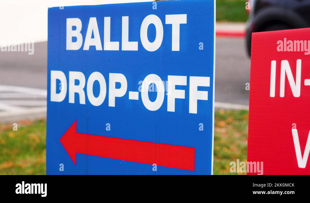 Blue Ellection Ballot Drop-off Sign with Red Arrow Pointing Left and ...