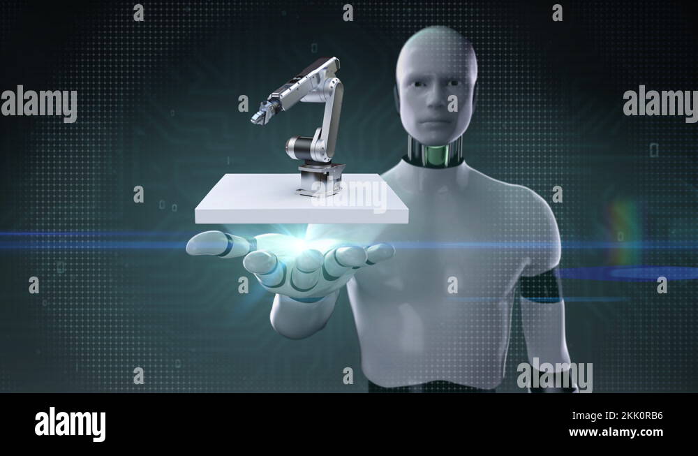 Robot opens palms, Robot arms on a white square, smart factory, 4k ...
