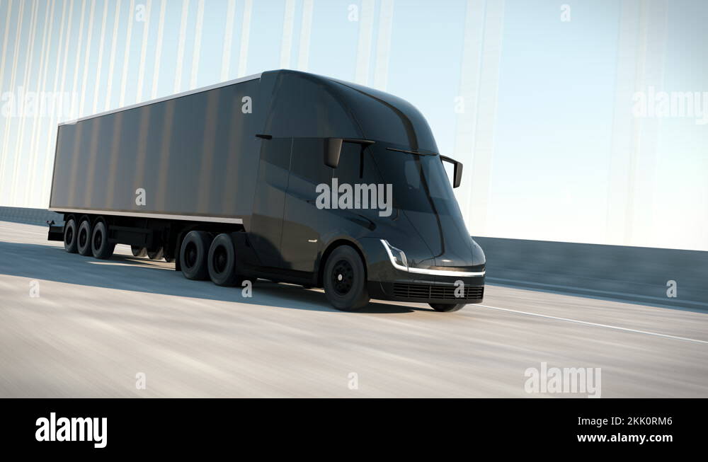 Black Modern Big Semi Truck with Cargo Trailer Route on Road Logistic ...