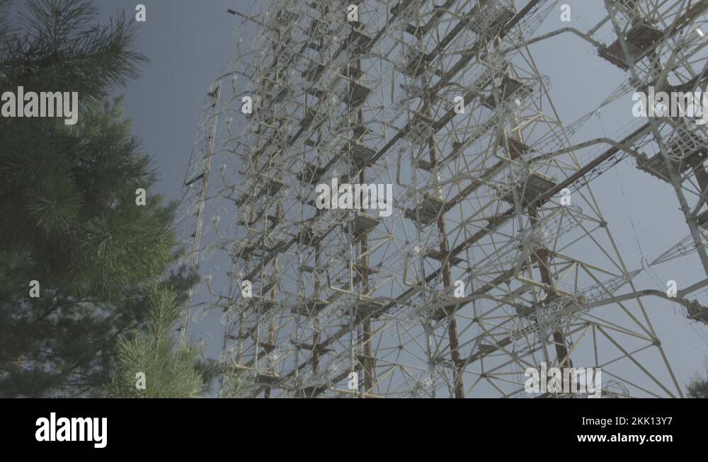 Chernobyl, tilt from trees to large section of the Duga-1 Stock Video ...