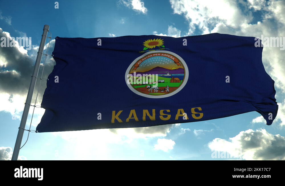 Kansas flag on a flagpole waving in the wind, blue sky background. 4K ...