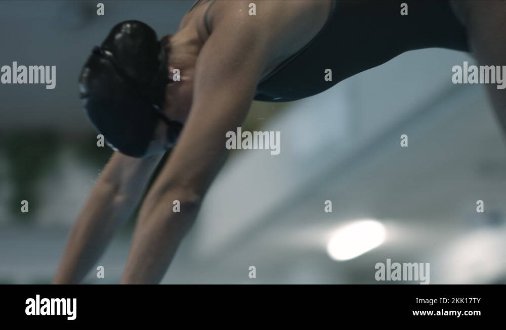Woman athlete swimmer jumps in the pool to start training - slow motion ...