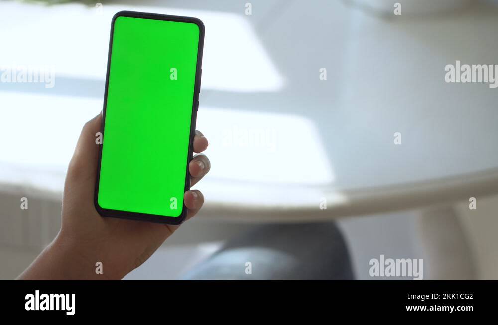 Handheld Camera: Back view of brunette holding chroma key green screen ...