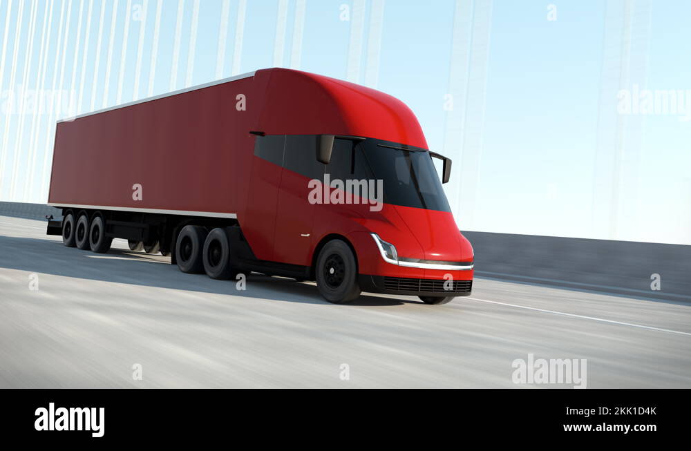Red Modern Big Semi Truck with Cargo Trailer Route on Road Logistic ...