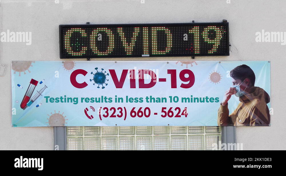 Covid-19 pandemic banner and sign at medical center clinic in Los ...