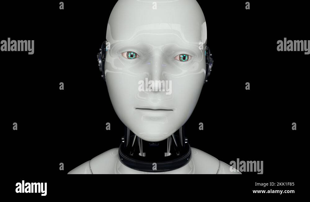 Artificial intelligence. Futuristic humanoid robot is activated, moves ...