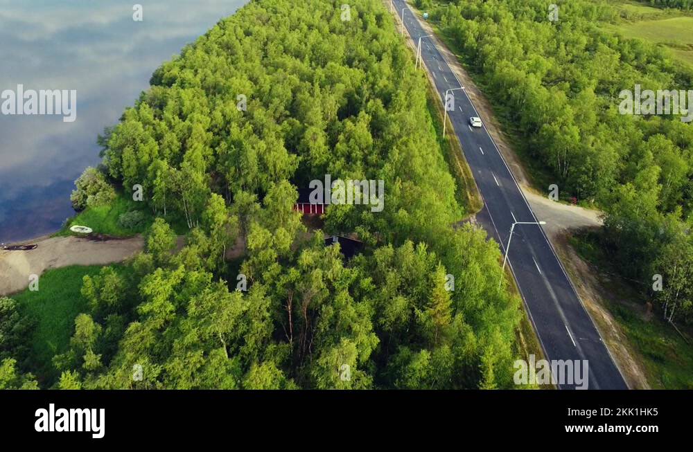 Road trip on empty highway aligned by green pine trees along Tornio ...