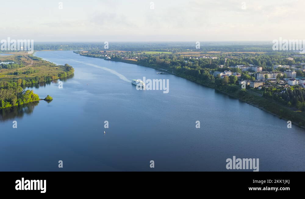 Uglich, Russia. Uglich city from the air. Cruise ship on the Volga ...