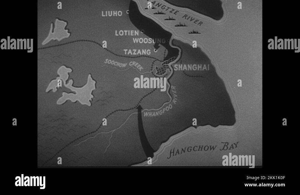 1940s China: Soldiers run across field. Map shows Chinese retreat from ...