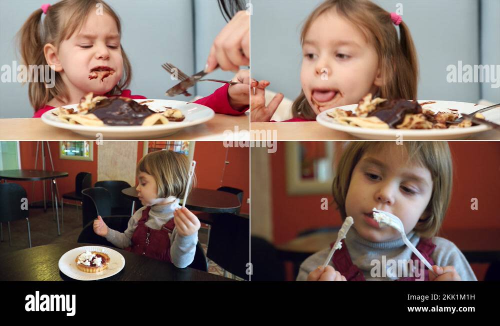 Split screen. A child, blonde, eats funny, sitting at a table in a food ...