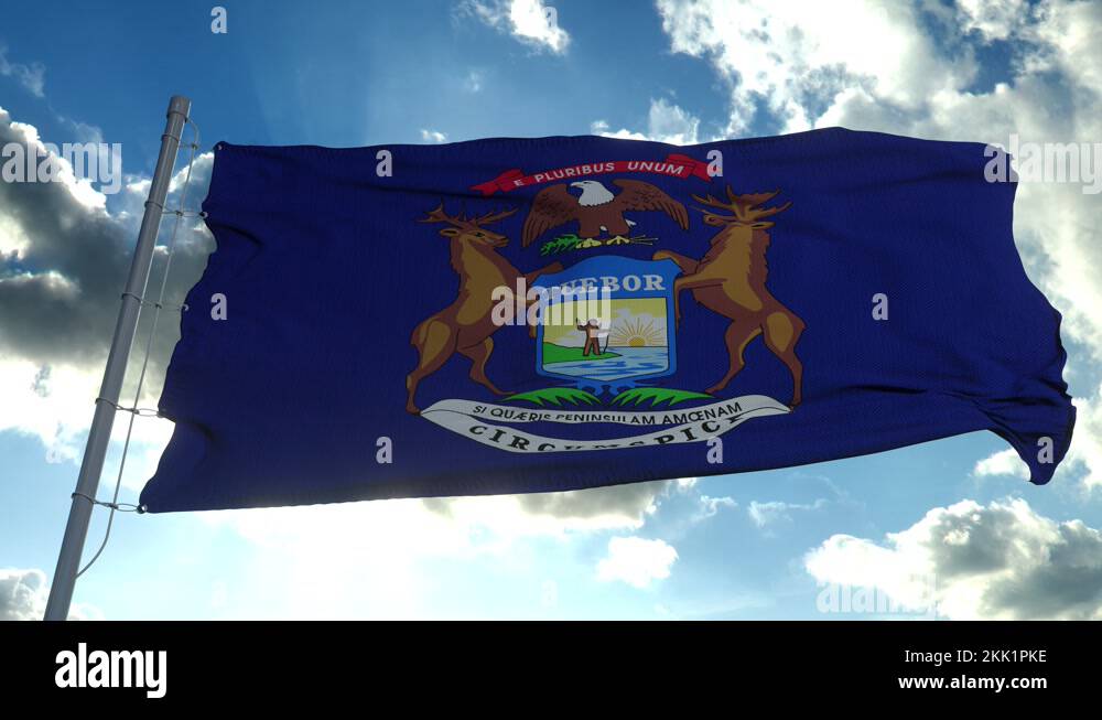 Michigan flag on a flagpole waving in the wind, blue sky background. 4K ...