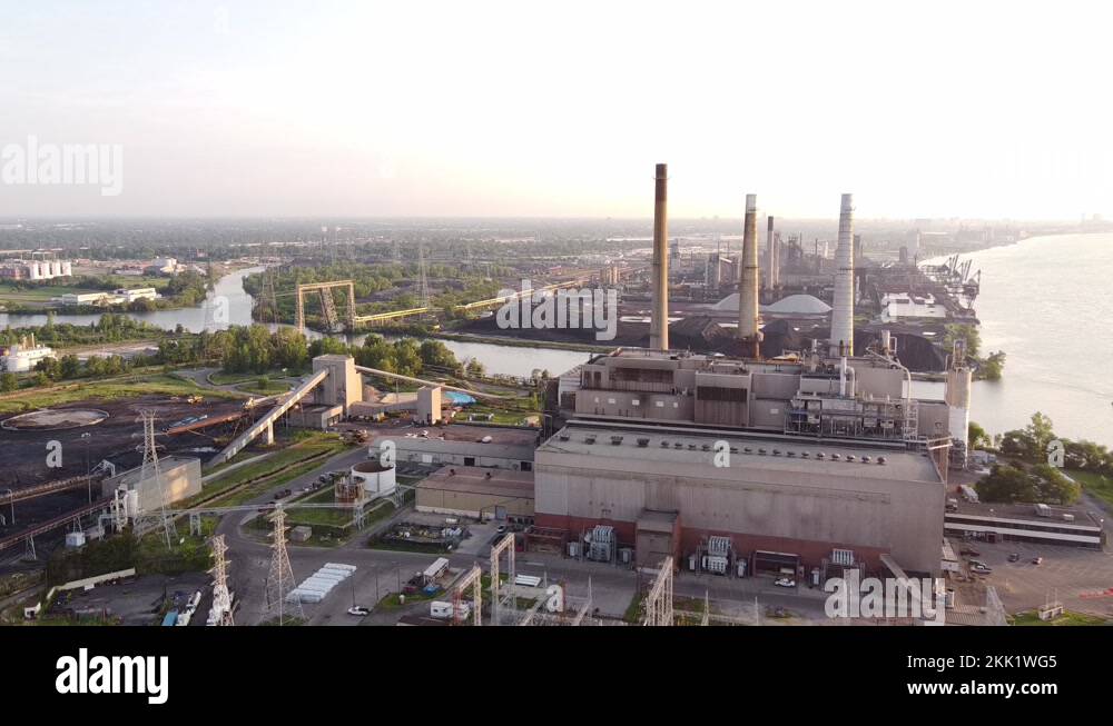 Smokestacks With Blinking Lights At Dte Coal Power Plant In Rouge River