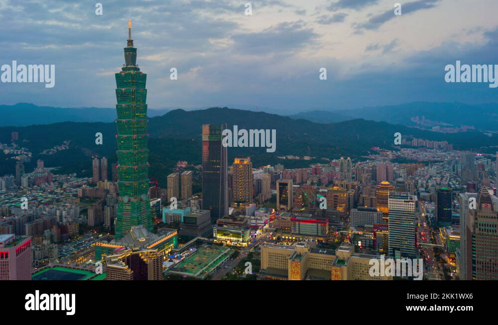 evening sky taipei city famous tower aerial panorama timelapse 4k ...