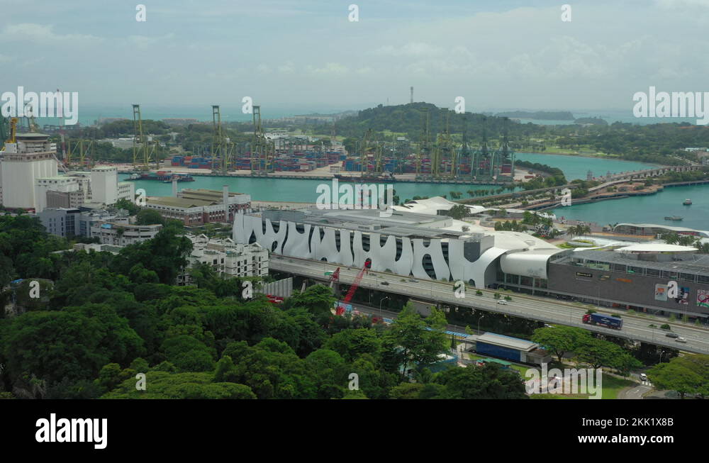 singapore city sunny day sentosa island famous mall port bay aerial ...
