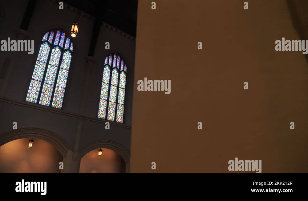 Stained Glass Windows and Ambience in Protestant Christian Church, Slow ...
