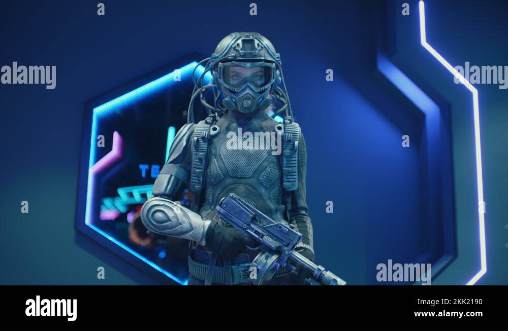 Soldier of future in futuristic combat suit. Fantastic warrior in neon ...