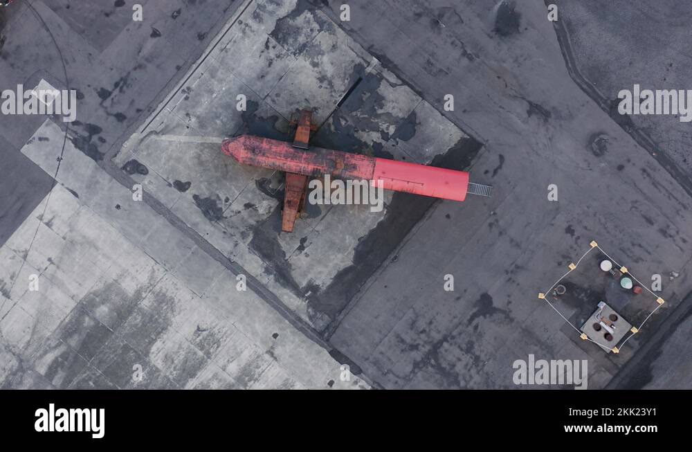 Directly above burned fuselage of dummy airplane for aviation training ...
