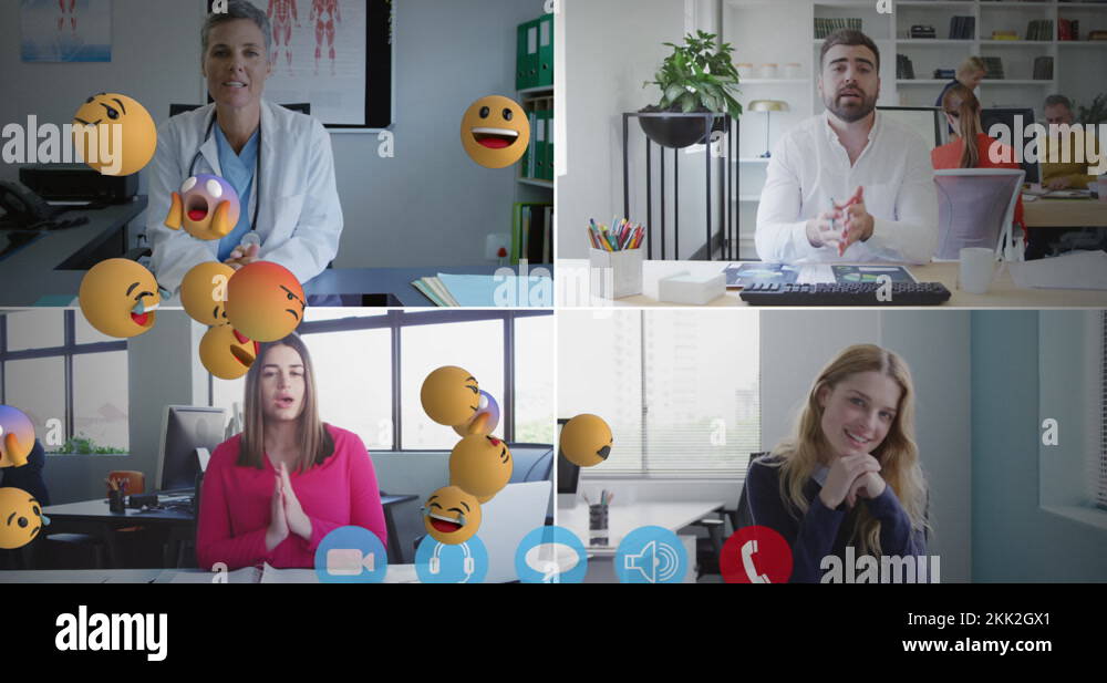 Multiple face emojis floating against digital interface on screen with ...