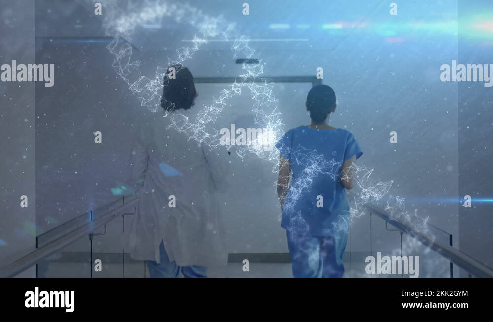 Digital Animation Of 3d Dna Structure Spinning And Blue Spot Of Light