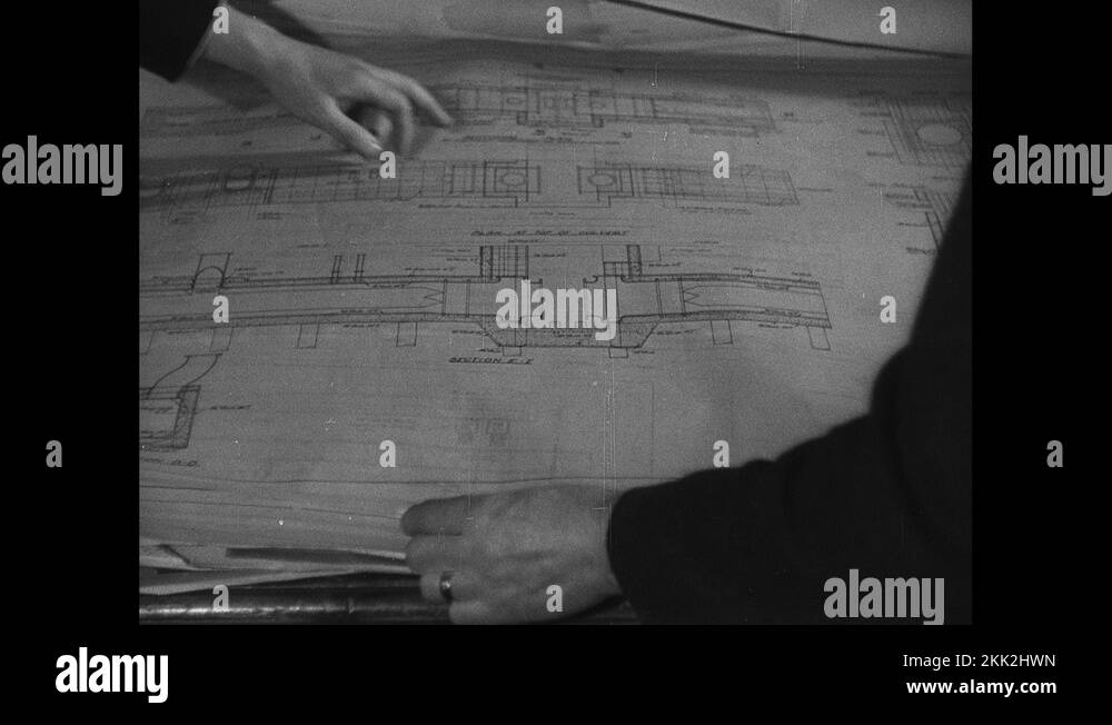 Post War Civil Engineering, engineers showing technical drawings, UK ...