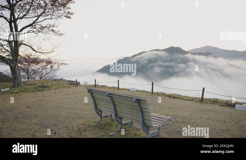 Takeda Castle Ruins, Bench chair looking over endless valley of mist ...